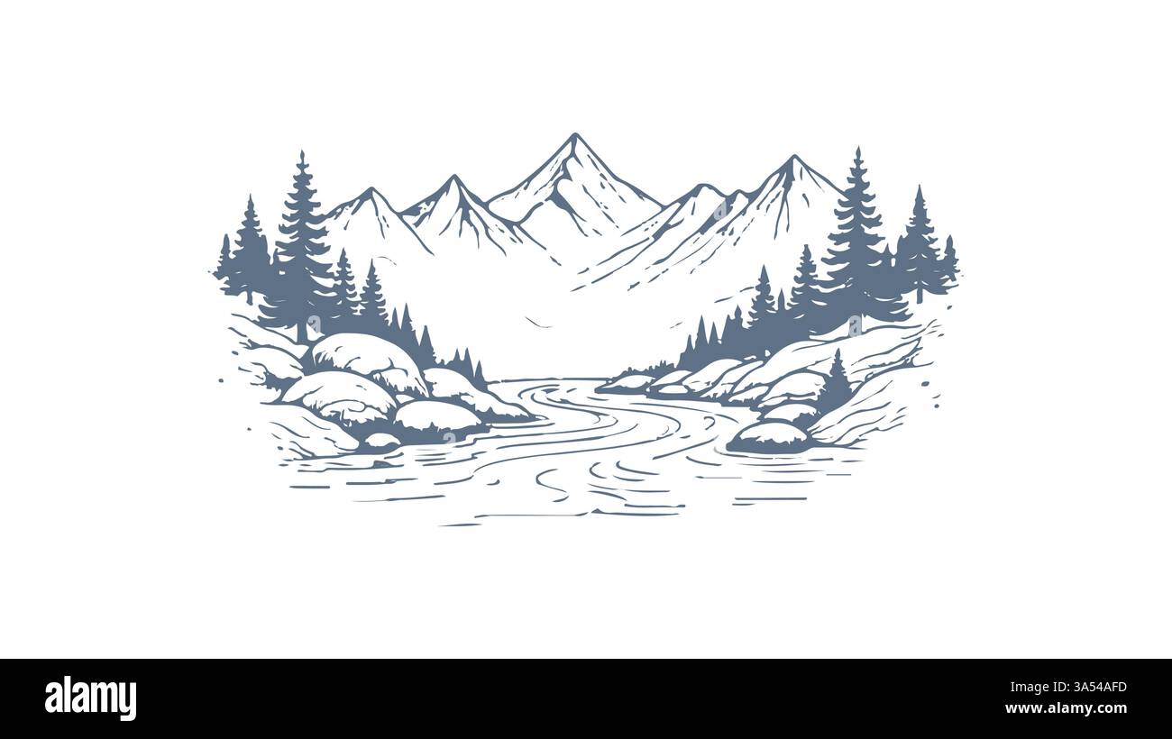 Mountains river landscape. Pines rocks nature scene. Perfect adventure ...