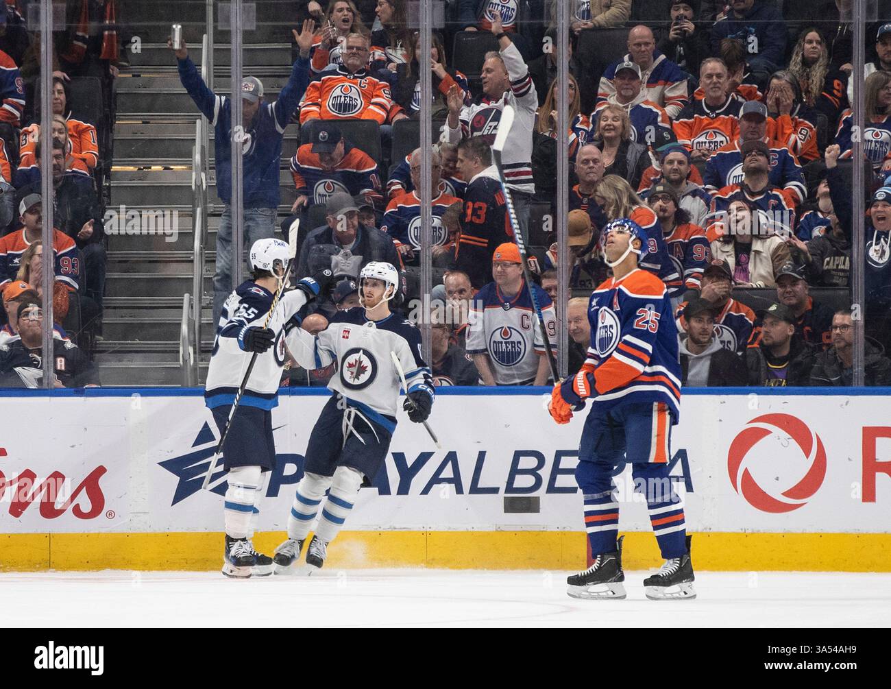 Winnipeg Jets' Mark Scheifele (55) and Kyle Connor (81) celebrate after ...