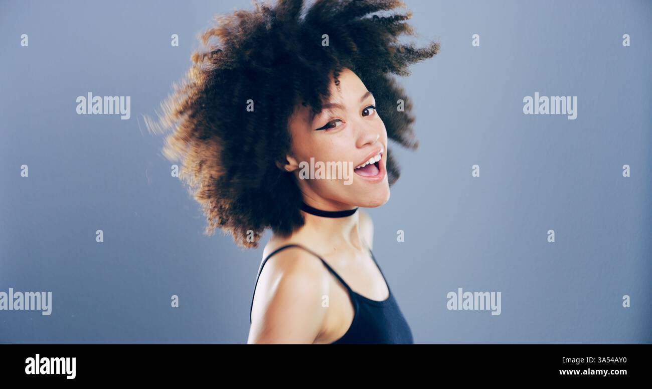 Fun, creative and portrait of woman in studio with mockup space ...
