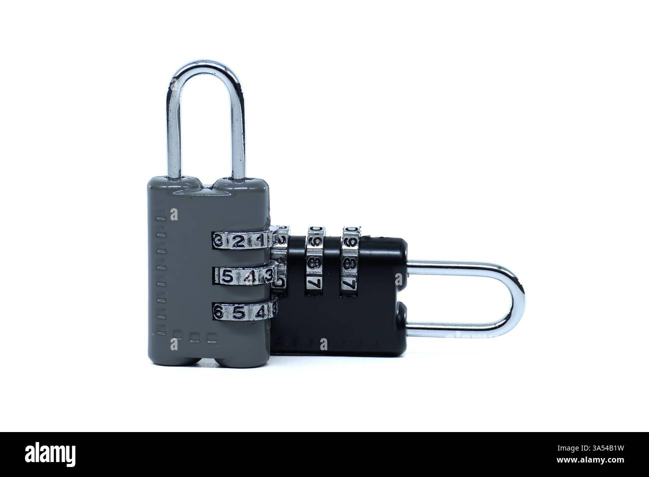 Two combination locks, one gray and one black, are displayed against a ...