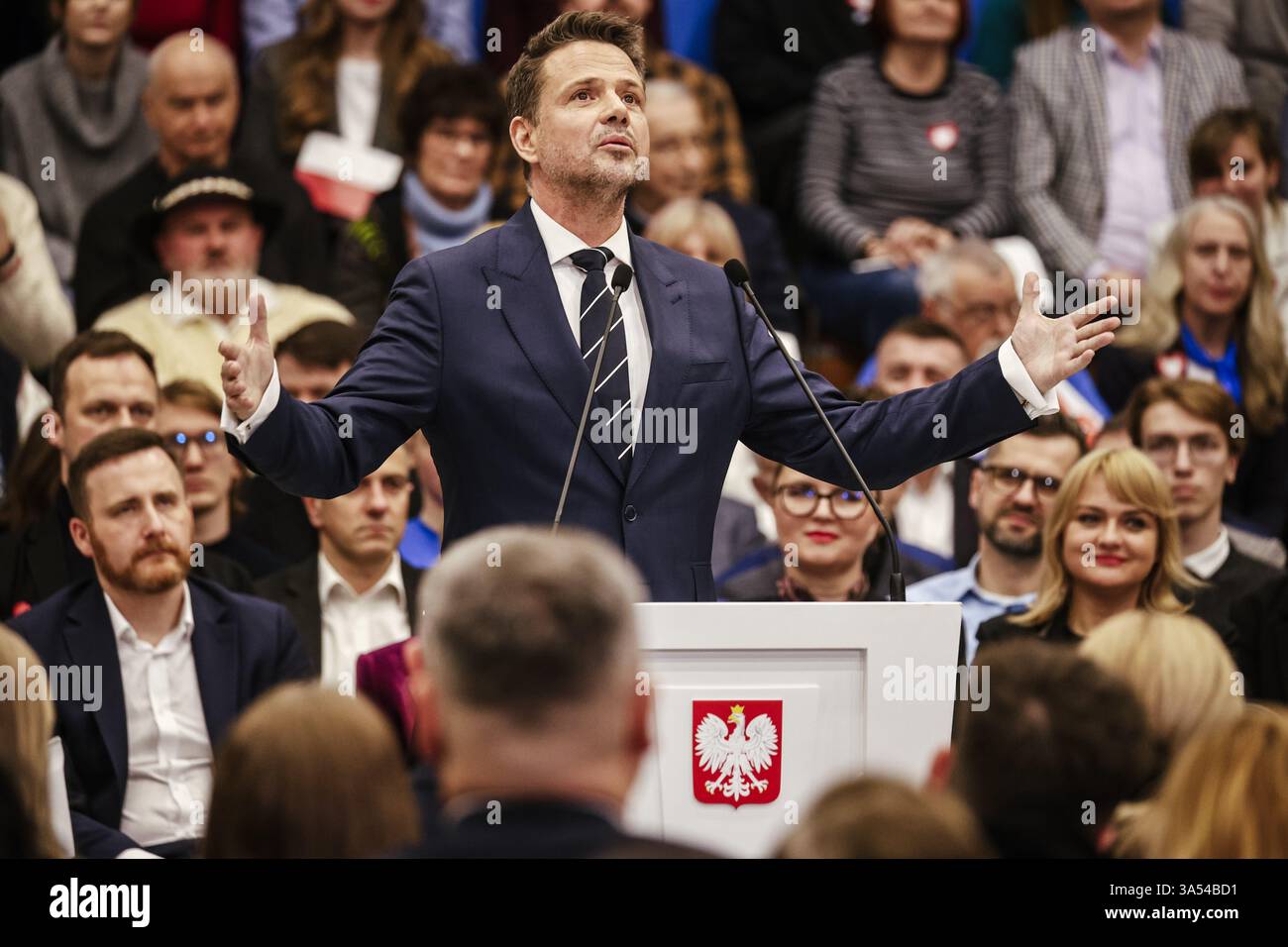 March 14, 2025, Cracow, Poland: Rafal Trzaskowski delivers a speech ...