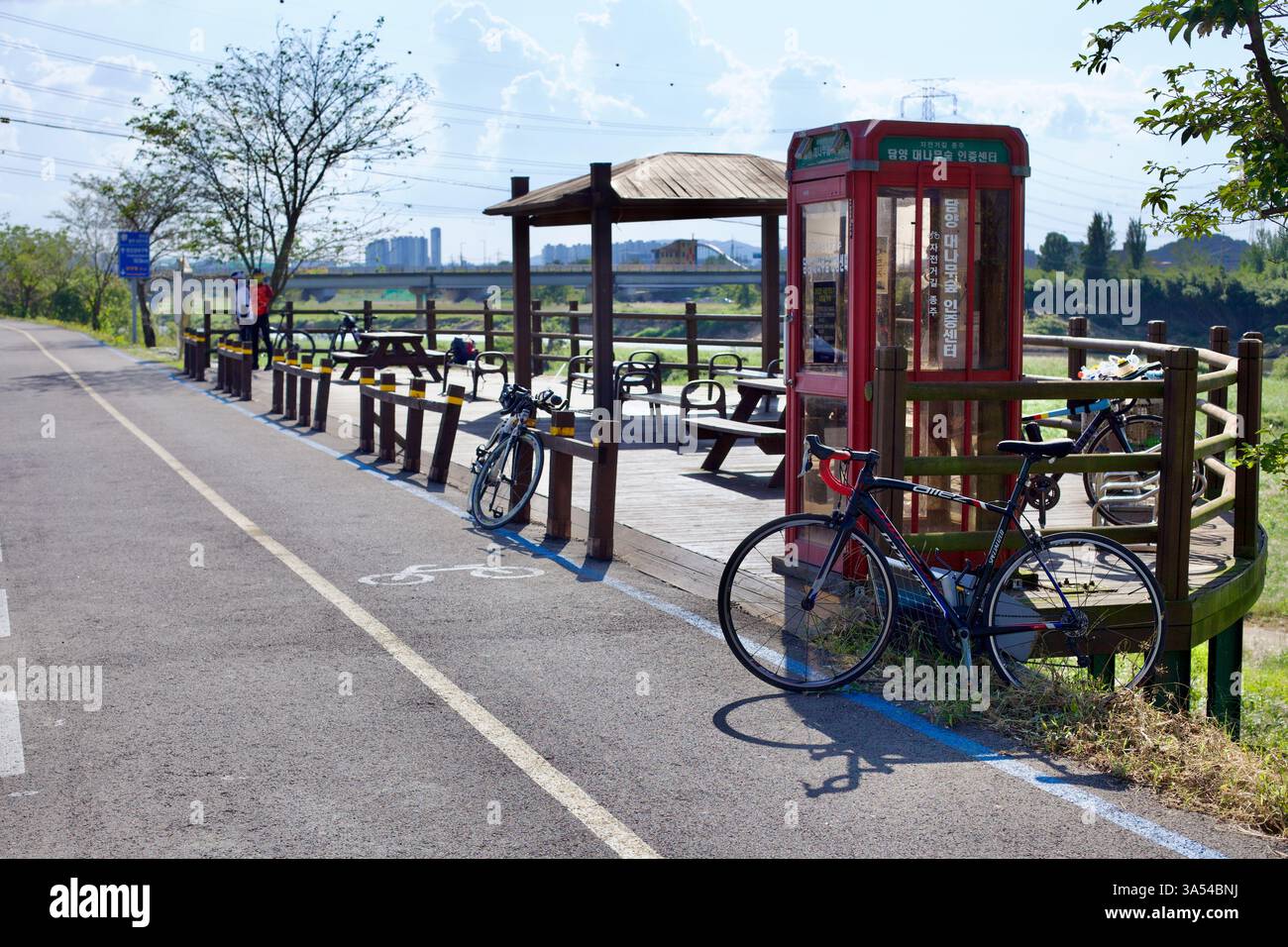 Gwangju City, South Korea - September 24, 2020: A rest area along the Yeongsangang Bike Path ...