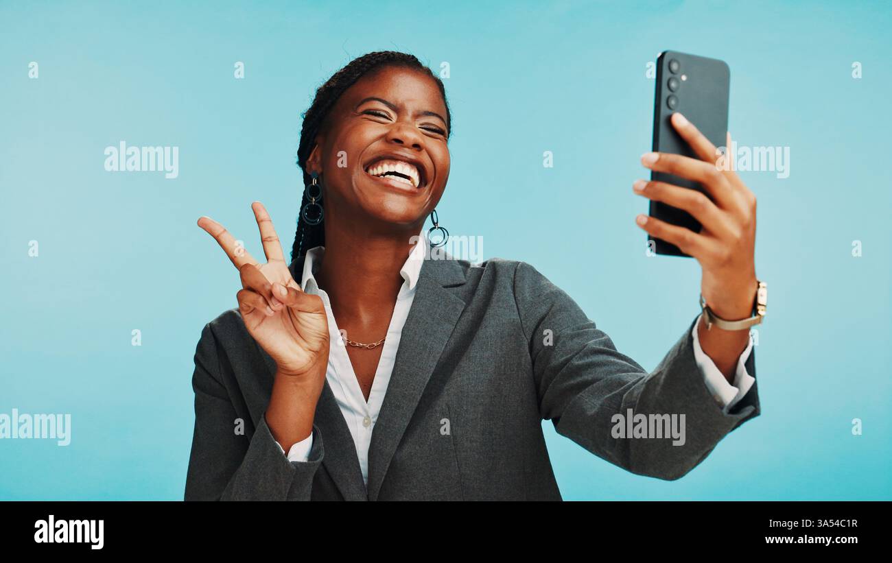 Peace sign, selfie and business with black woman in studio for social ...
