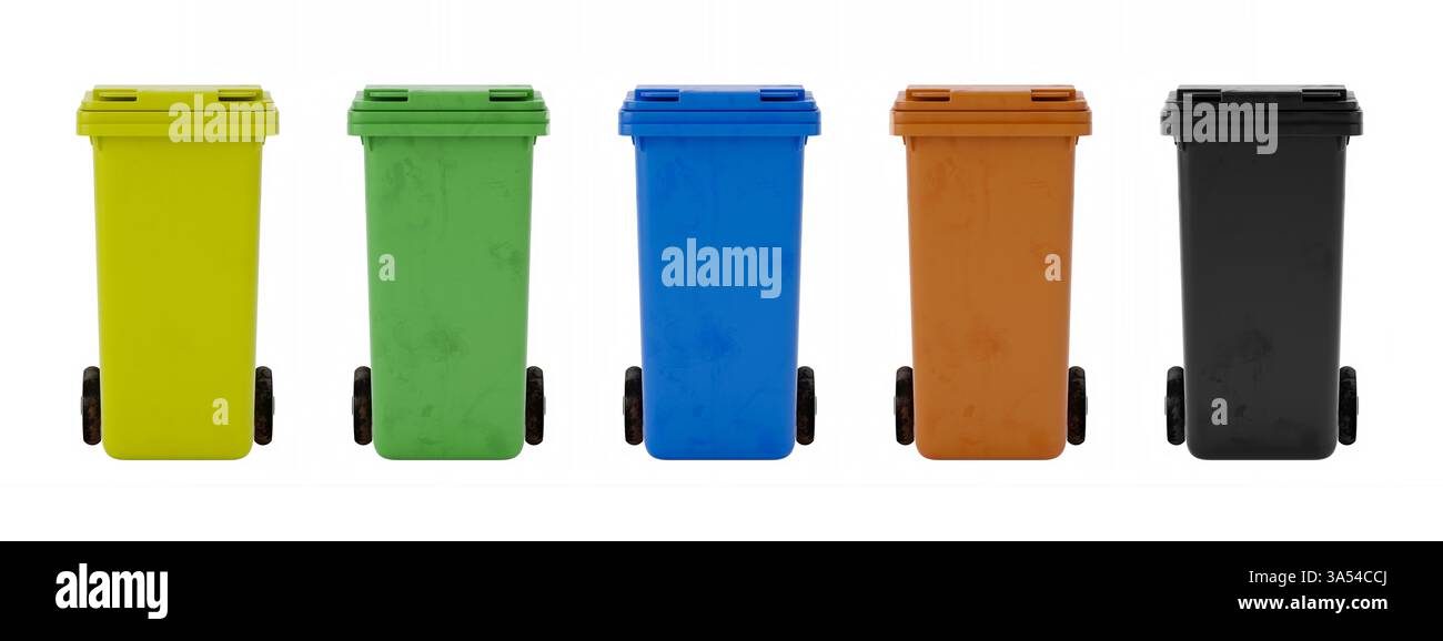Five differently colored recycling bins in a row, emphasizing waste ...