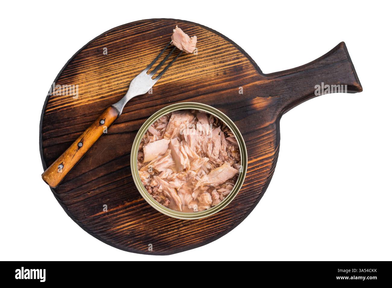 Freshly opened tinned tuna, showcasing its rich texture and flavor, a ...