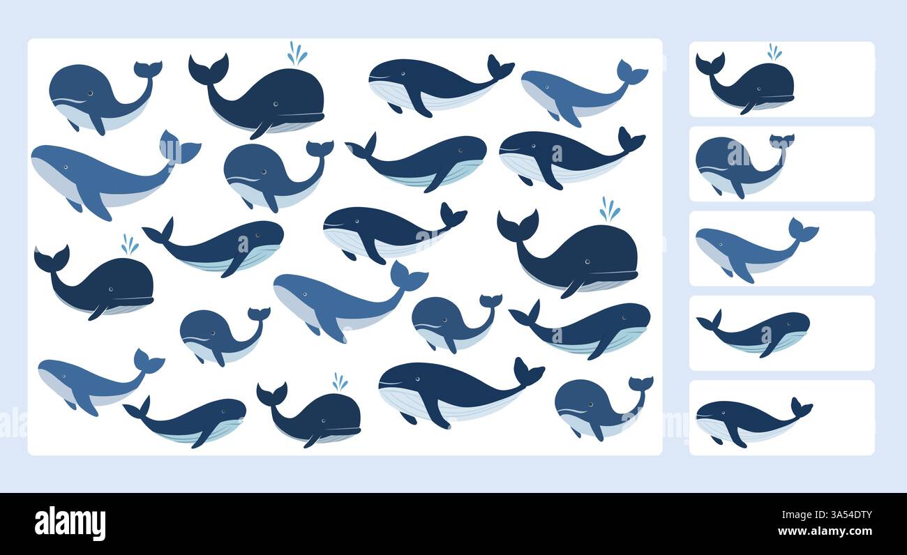Vector educational game I Spy with whales. Count how many pictures of ...