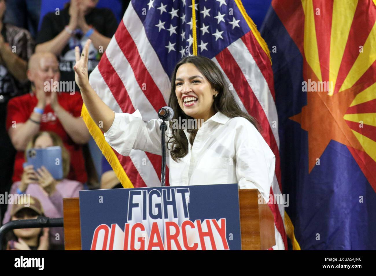 Tempe, USA. 20th Mar, 2025. Alexandra Ocasio-Cortez speaks to the crowd ...