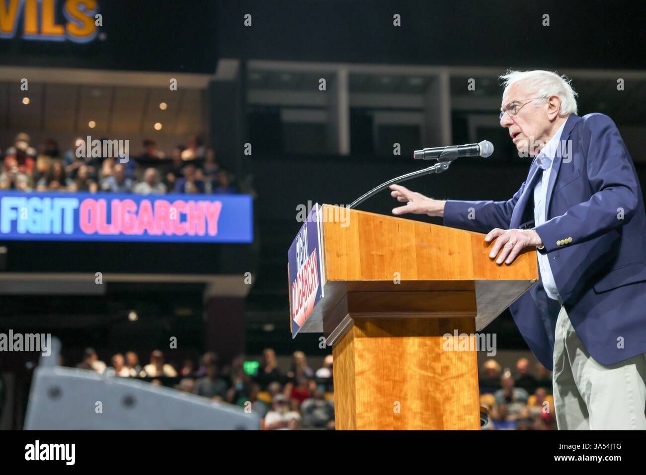 Tempe, USA. 20th Mar, 2025. Bernie Sanders speaks to the crowd at the ...