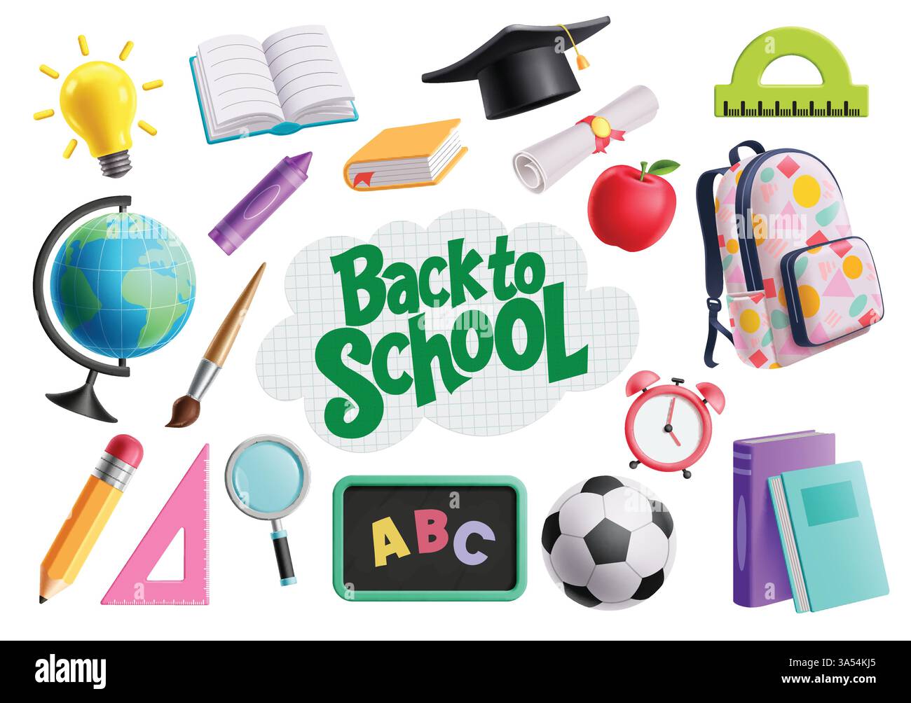 School elements clipart 3d set. Back to school text with educational ...