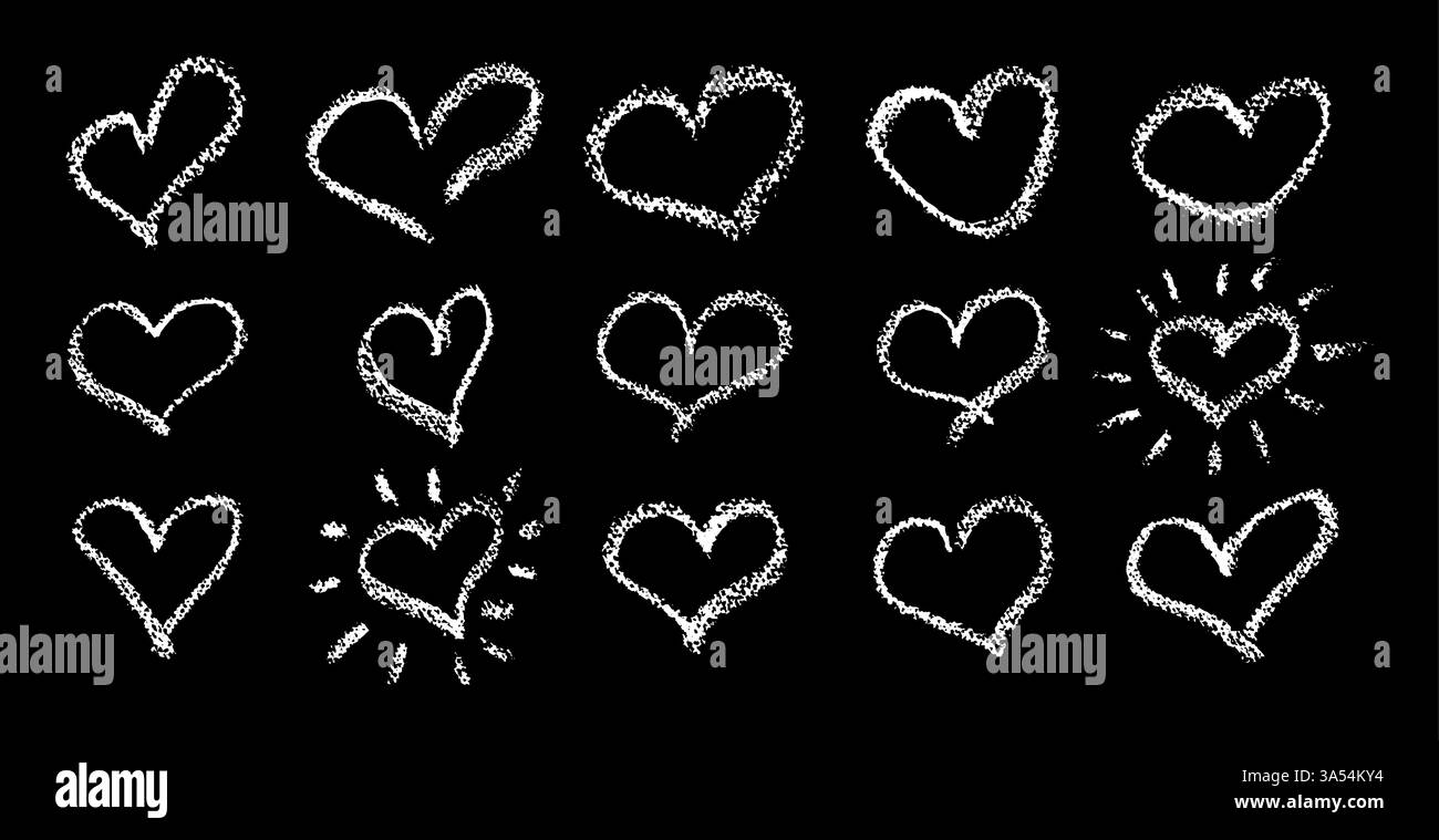Set of white hearts signs drawn by wax pencil. Love symbols in doodle ...