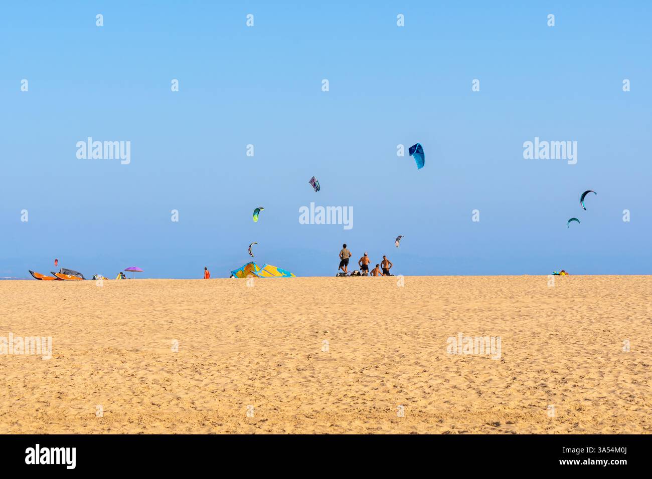 Athletes preparing kitesurfing and wing foil equipment on the beach in ...