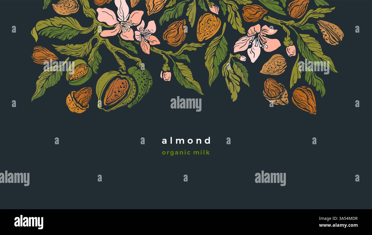 Almond texture template on black background. Vector tree, nut, leaves ...