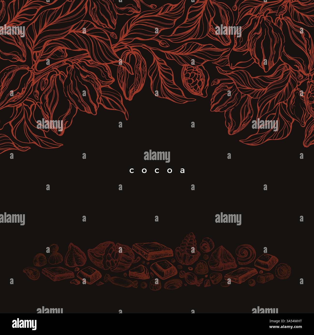 Dark chocolate and cocoa plantation. Vector graphic background, hand ...