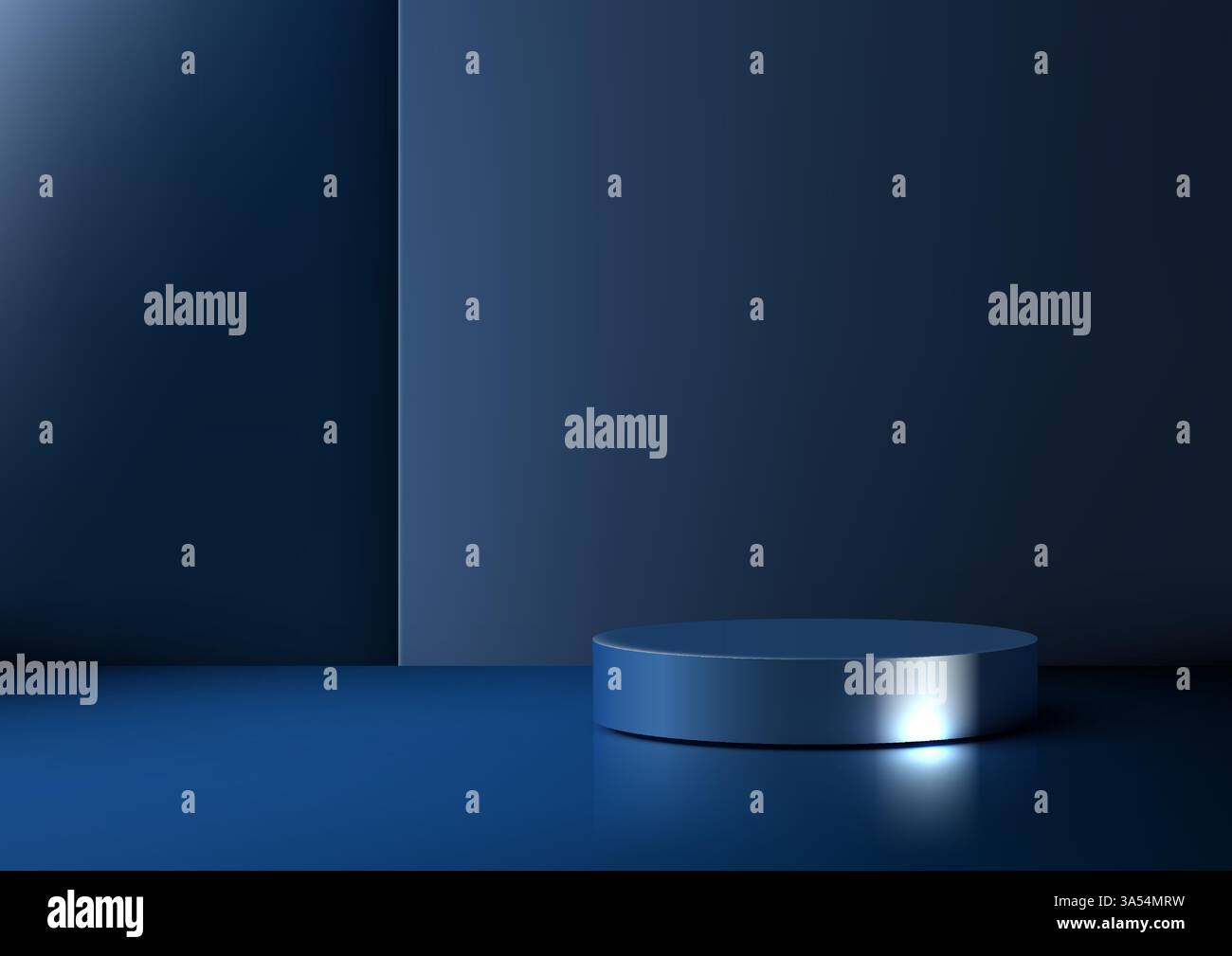 modern 3d blue cylindrical podium on a reflective surface, perfect for ...