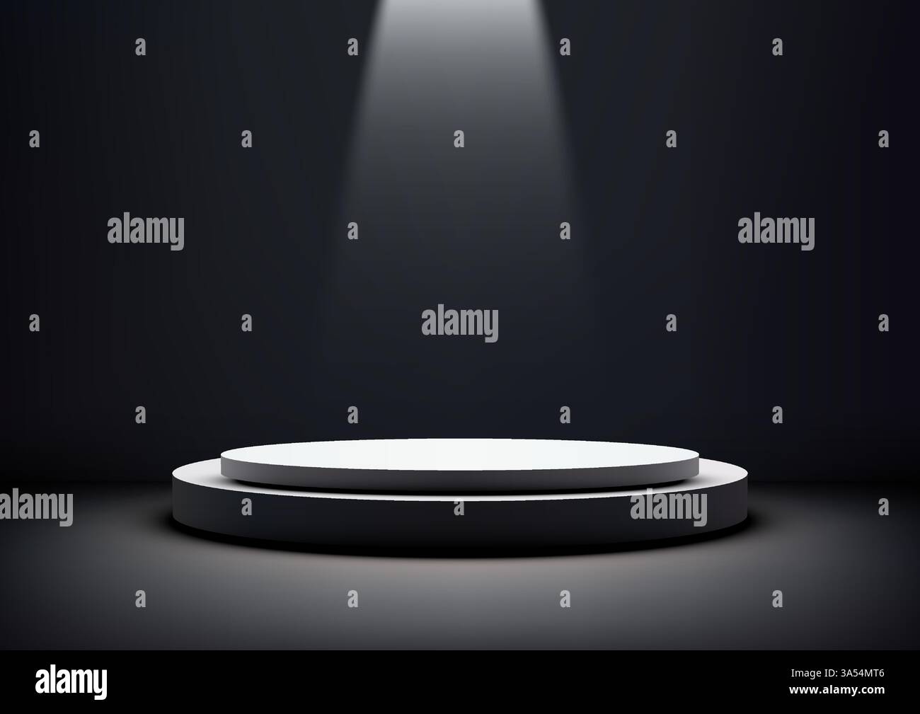 minimalist 3D white circular podium under a spotlight against a dark ...