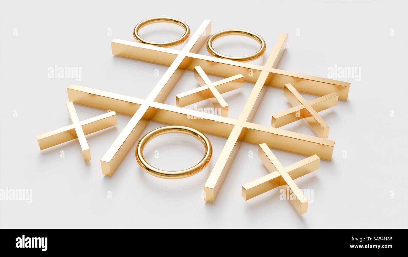 Golden tic-tac-toe game on a white background, 3D model of the game ...