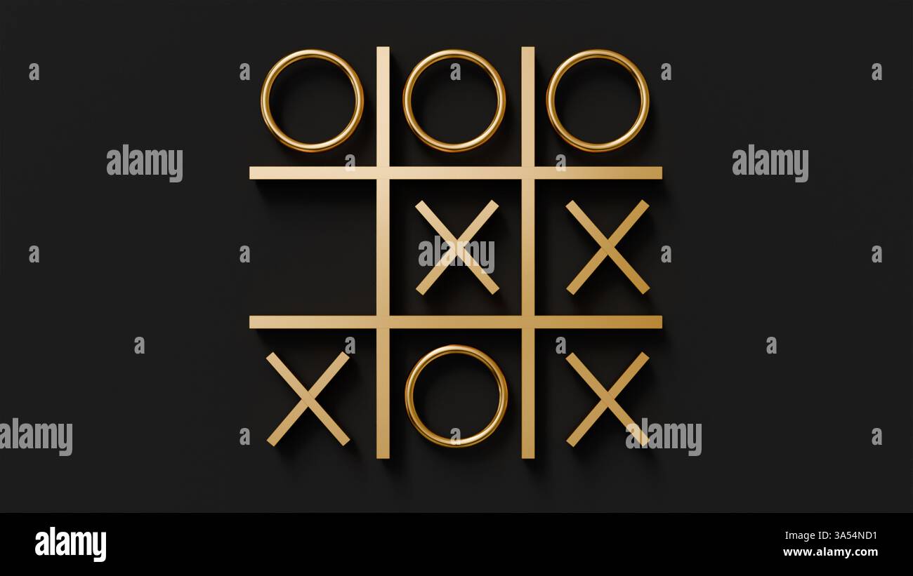 Golden tic-tac-toe game on a black background, 3D model of the game ...