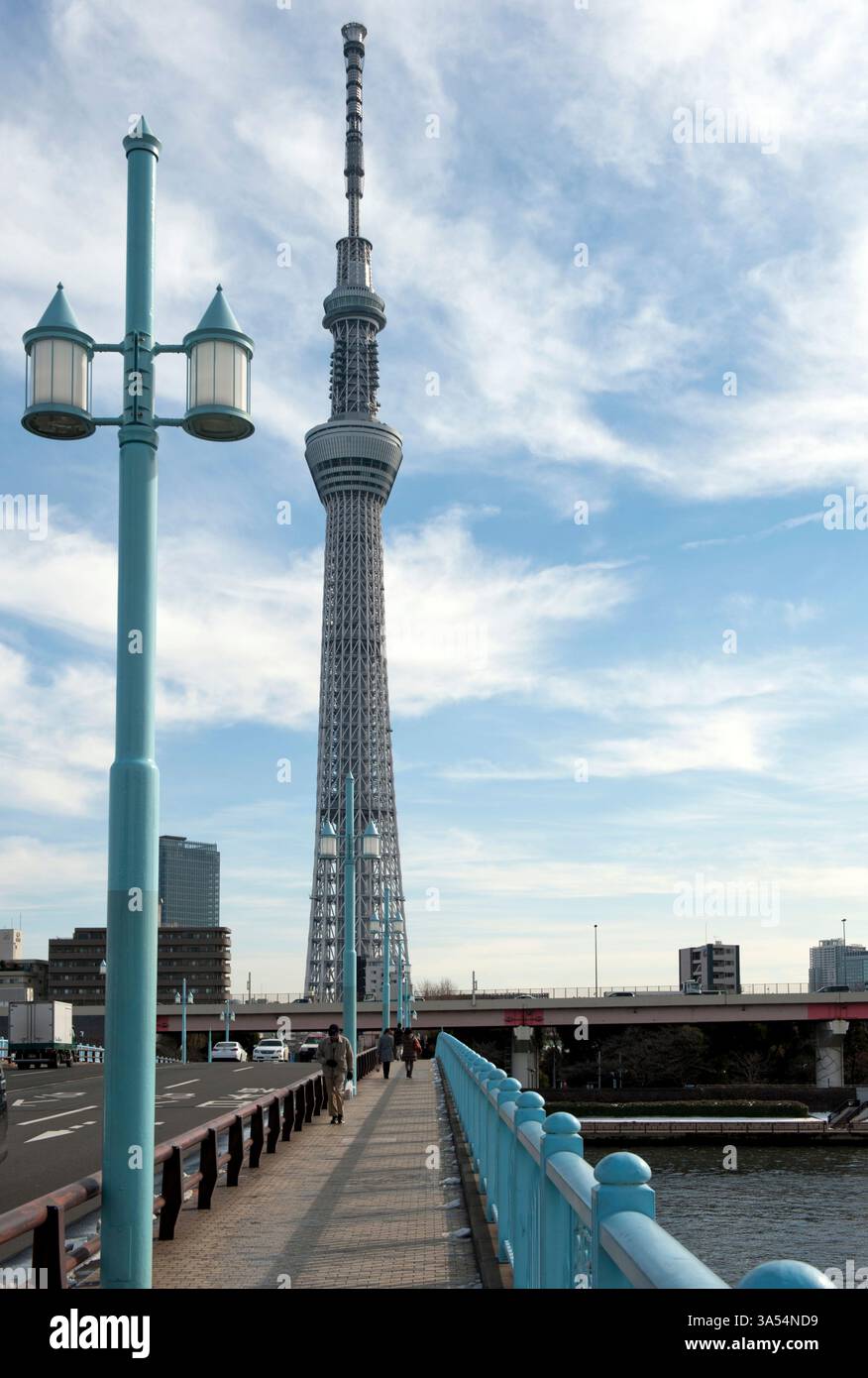 Tokyo Skytree radio and TV broadcast tower viewed from the Kototoibashi ...