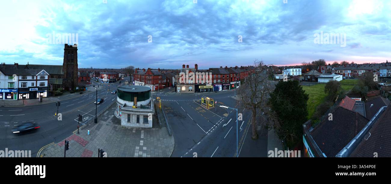 Panoramic aerial view of Penny Lane area of Liverpool at sunrise ...