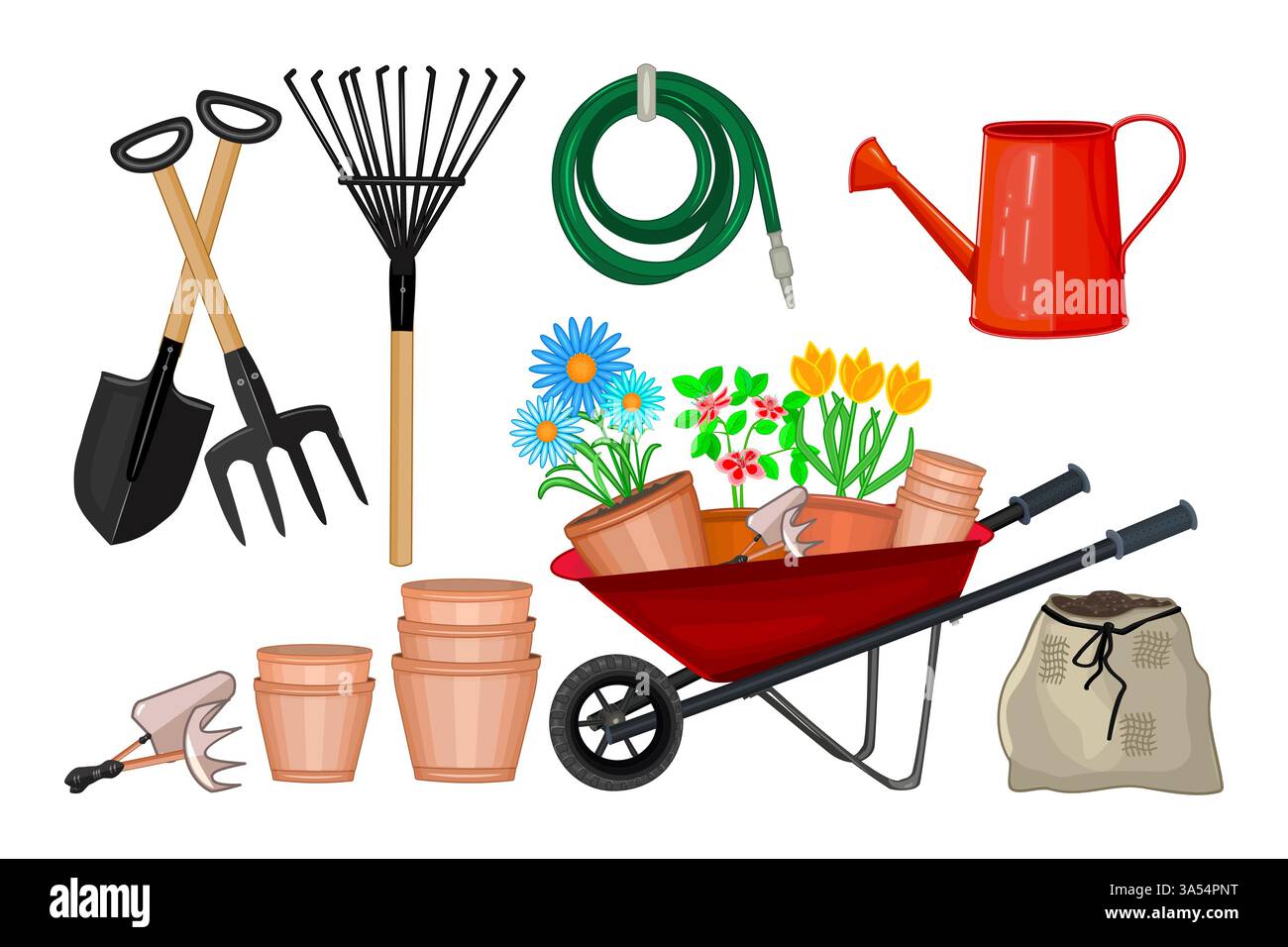 Garden tools set. Potted flower, watering can and bag with soil. Shovel ...