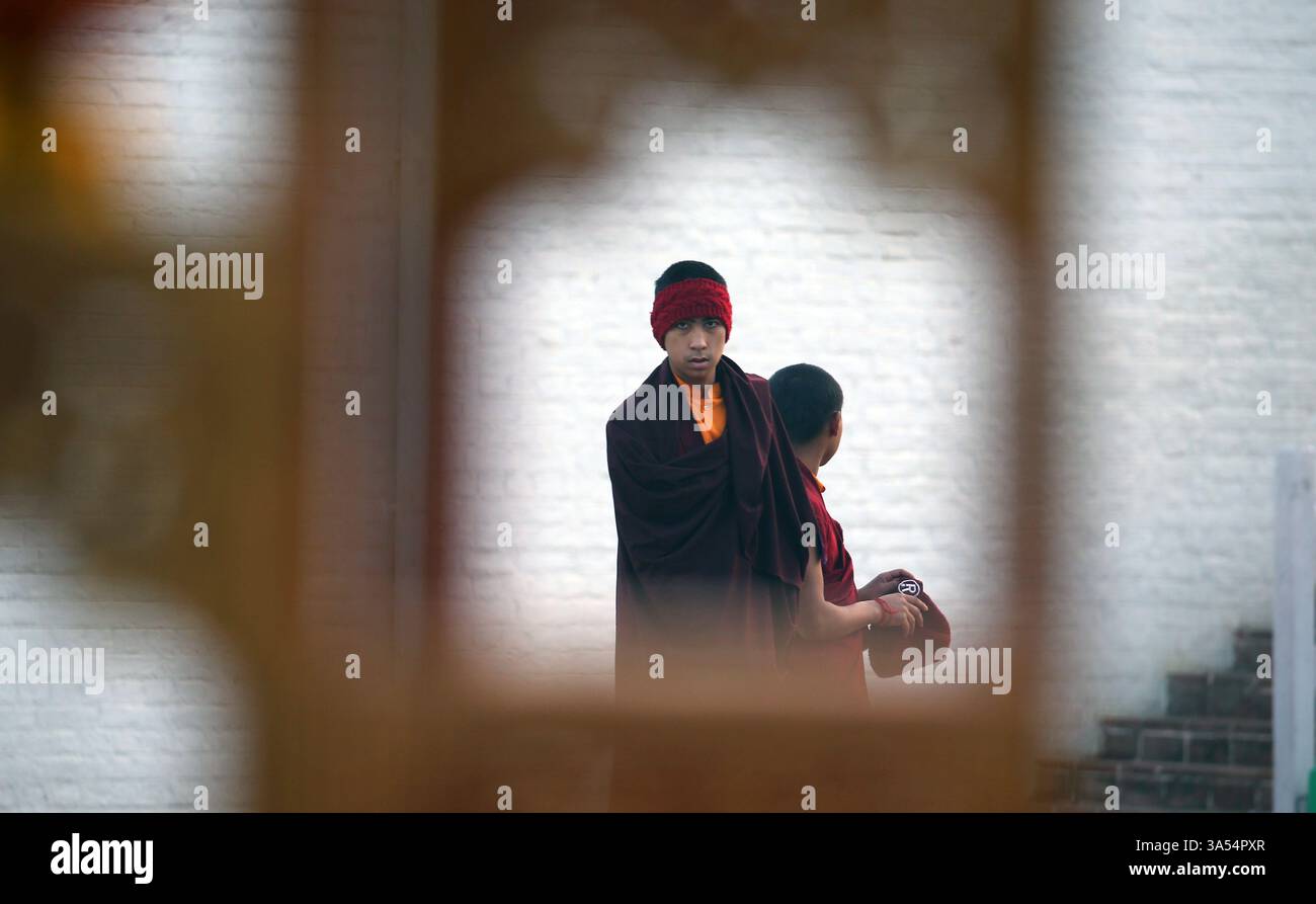 March 21, 2025: Monks arrive to participate in the mass meditation, a ...