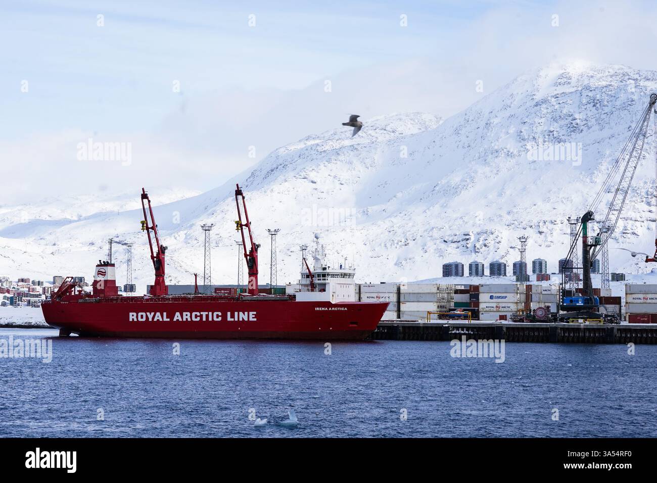 Nuuk, Denmark. 20th Mar, 2025. A cargo ship docks at Nuuk Port in Nuuk ...