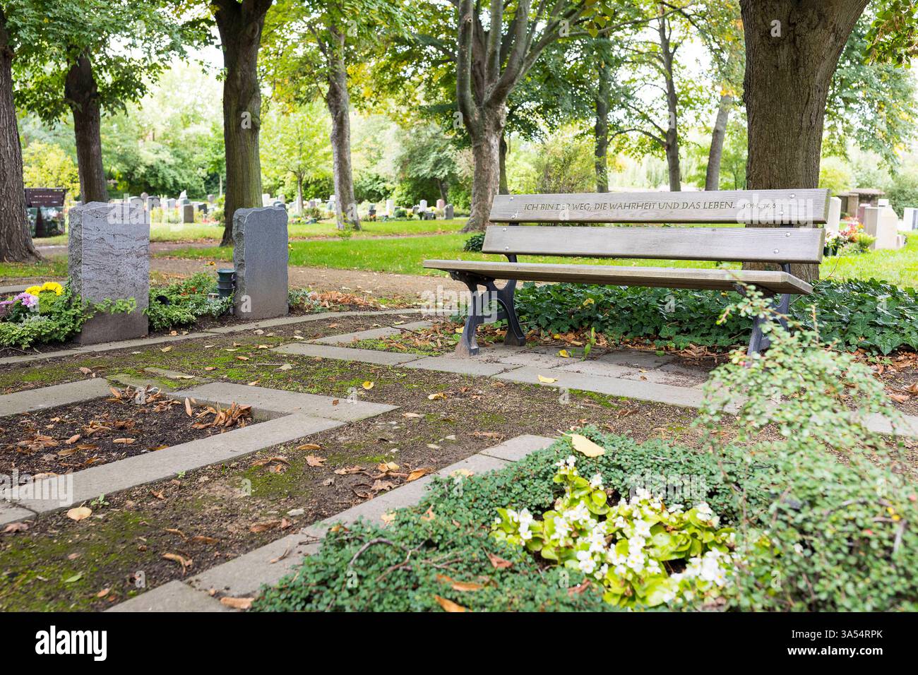 Bank mit Bibelvers zwischen Gräbern, Friedhof Alleestraße, Riesa ...