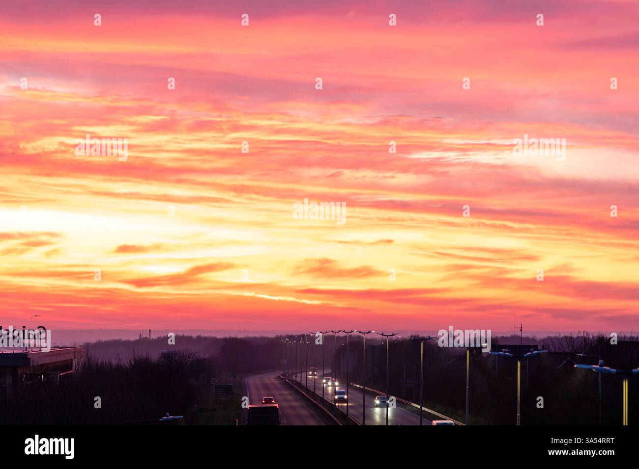 Dawn sky over the dual carriageway of the Thanet Way, A299 route from ...