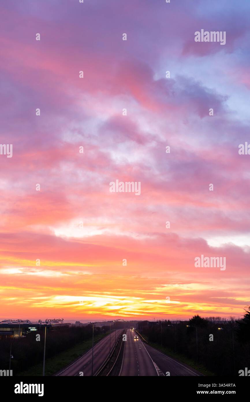 Dawn sky over the dual carriageway of the Thanet Way, A299 route from ...