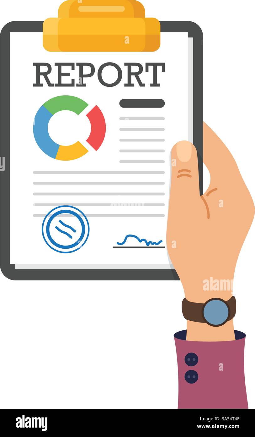 Report document in hand icon in flat style. Dashboard plan vector ...