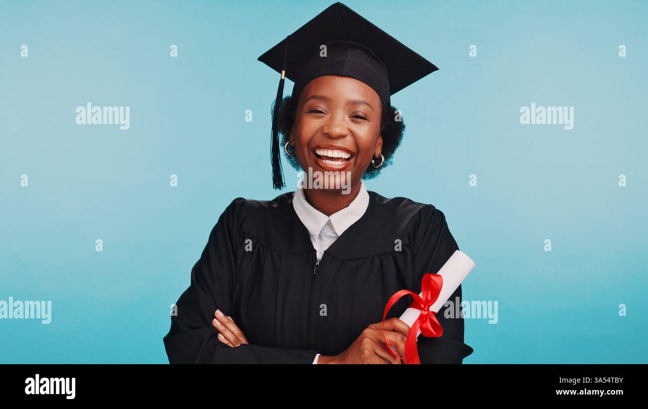 Black woman, graduation and arms crossed with smile in studio portrait ...