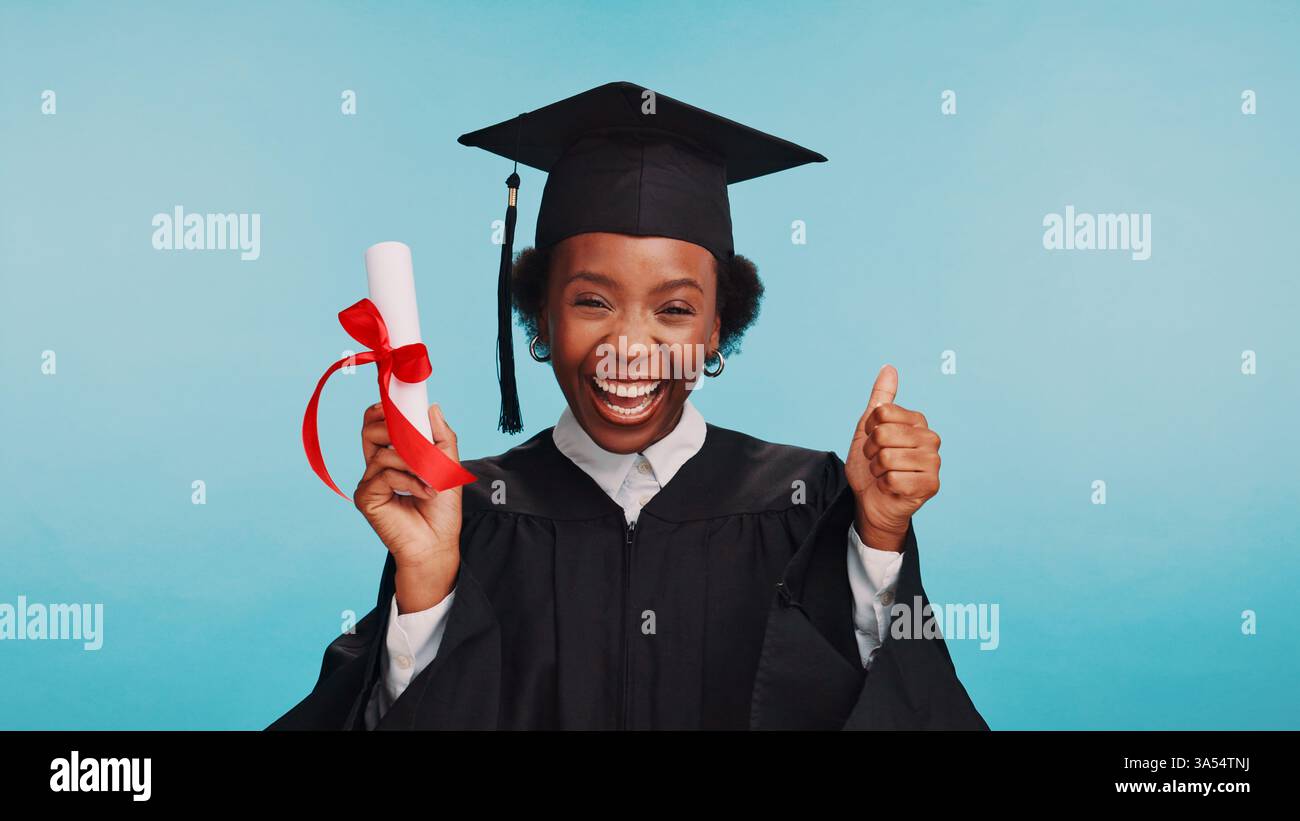 Graduation, certificate and woman with thumbs up, studio and excited ...