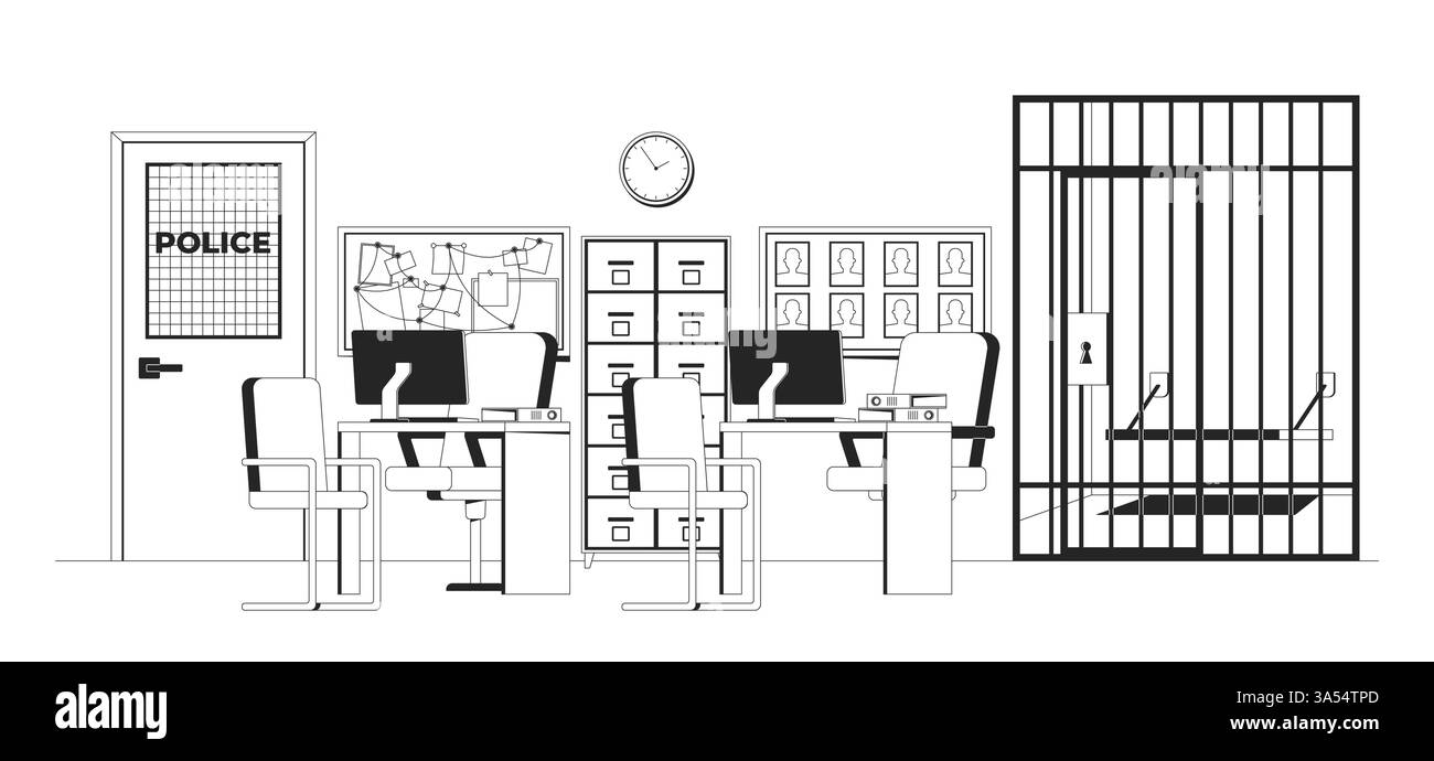 Police station interior with jail cell outline illustration Stock ...