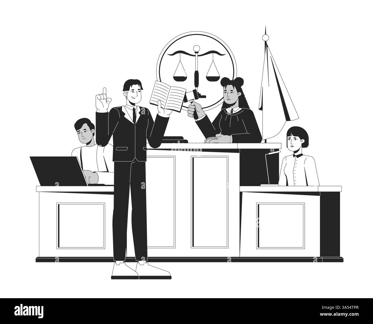 Courtroom trial with judge, lawyer and witness outline illustration ...