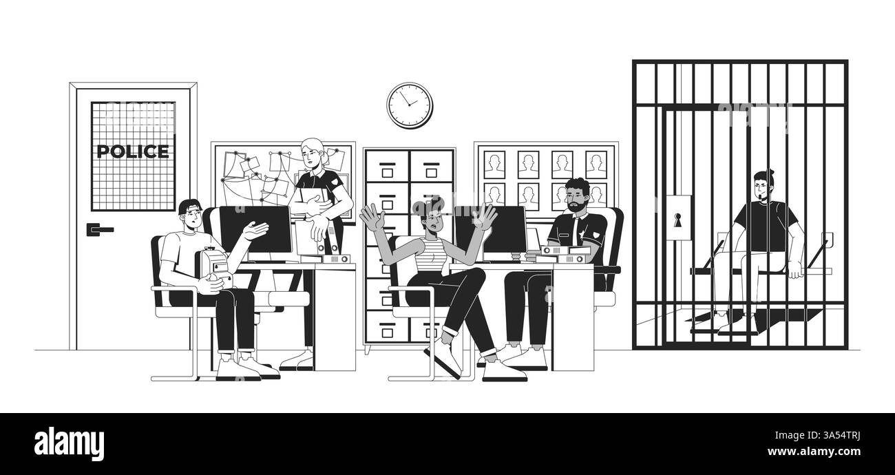 Police station with officers, witnesses and jail cell outline ...