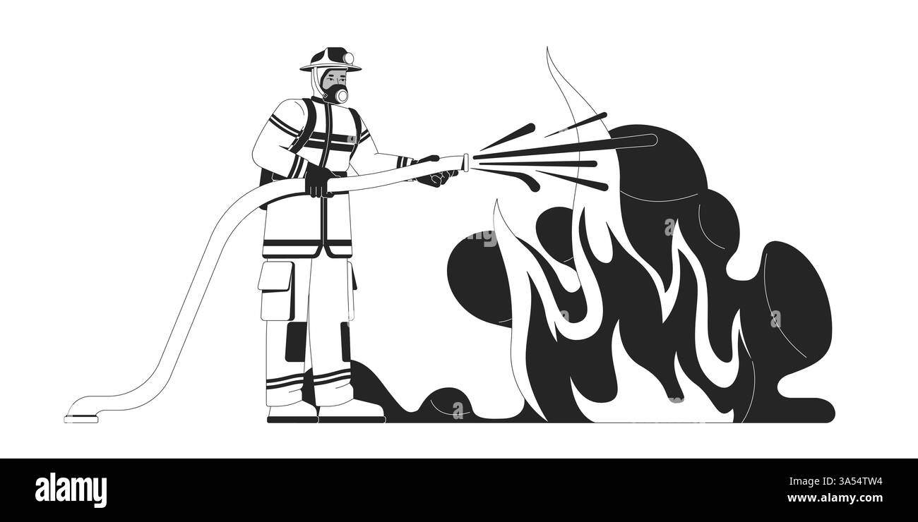 Firefighter extinguishing large fire outline illustration Stock Vector ...