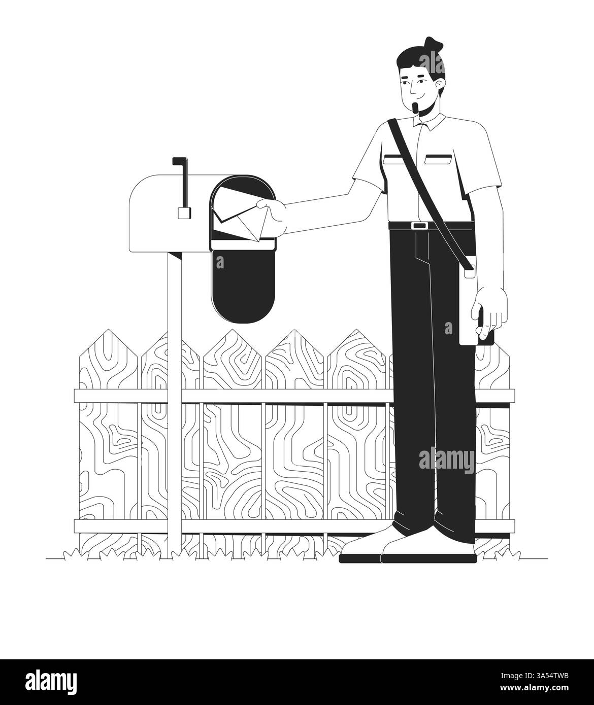 Mail carrier delivering letter to mailbox outline illustration Stock ...