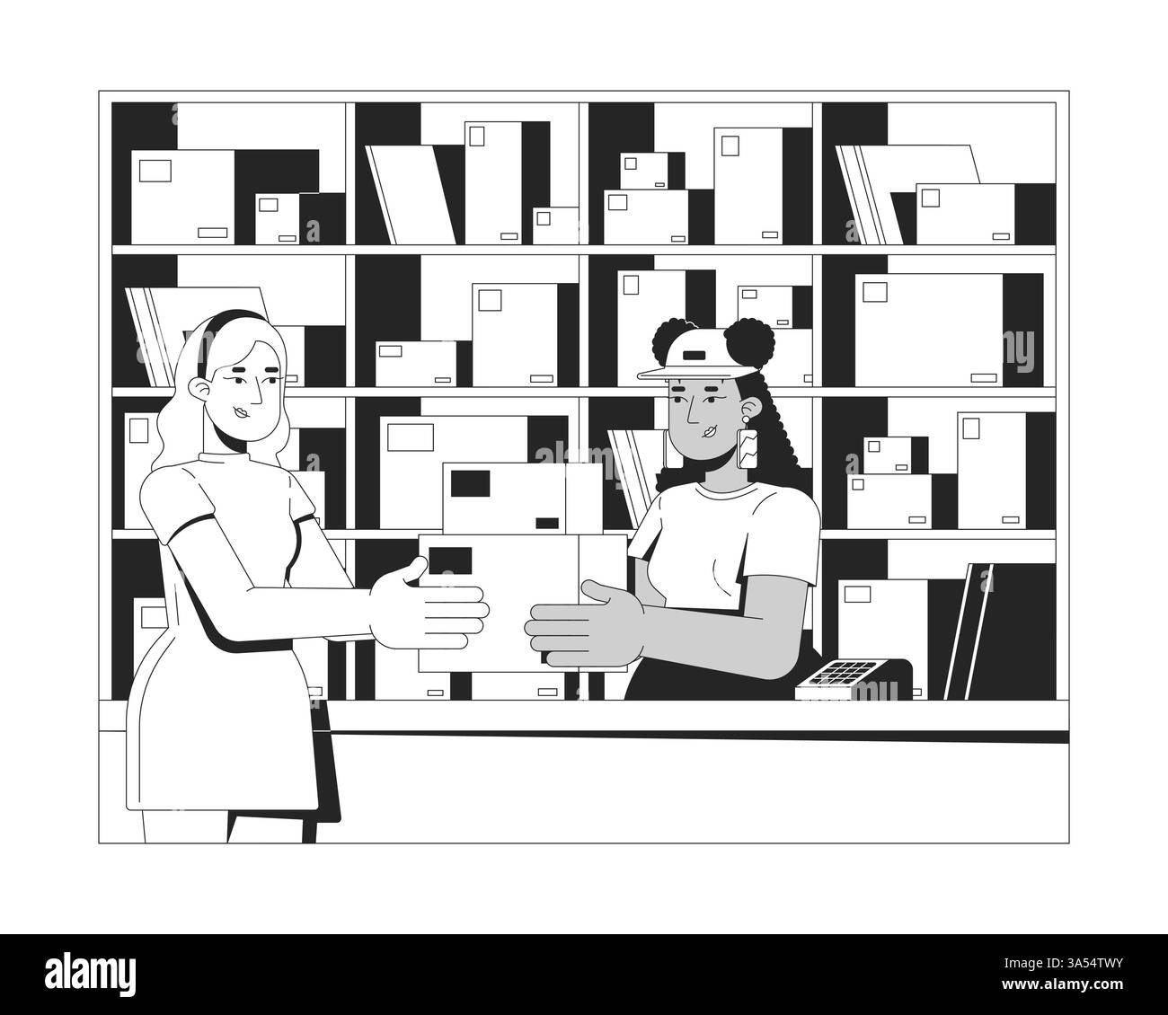 Customer receiving packages from postal worker at post-office outline ...