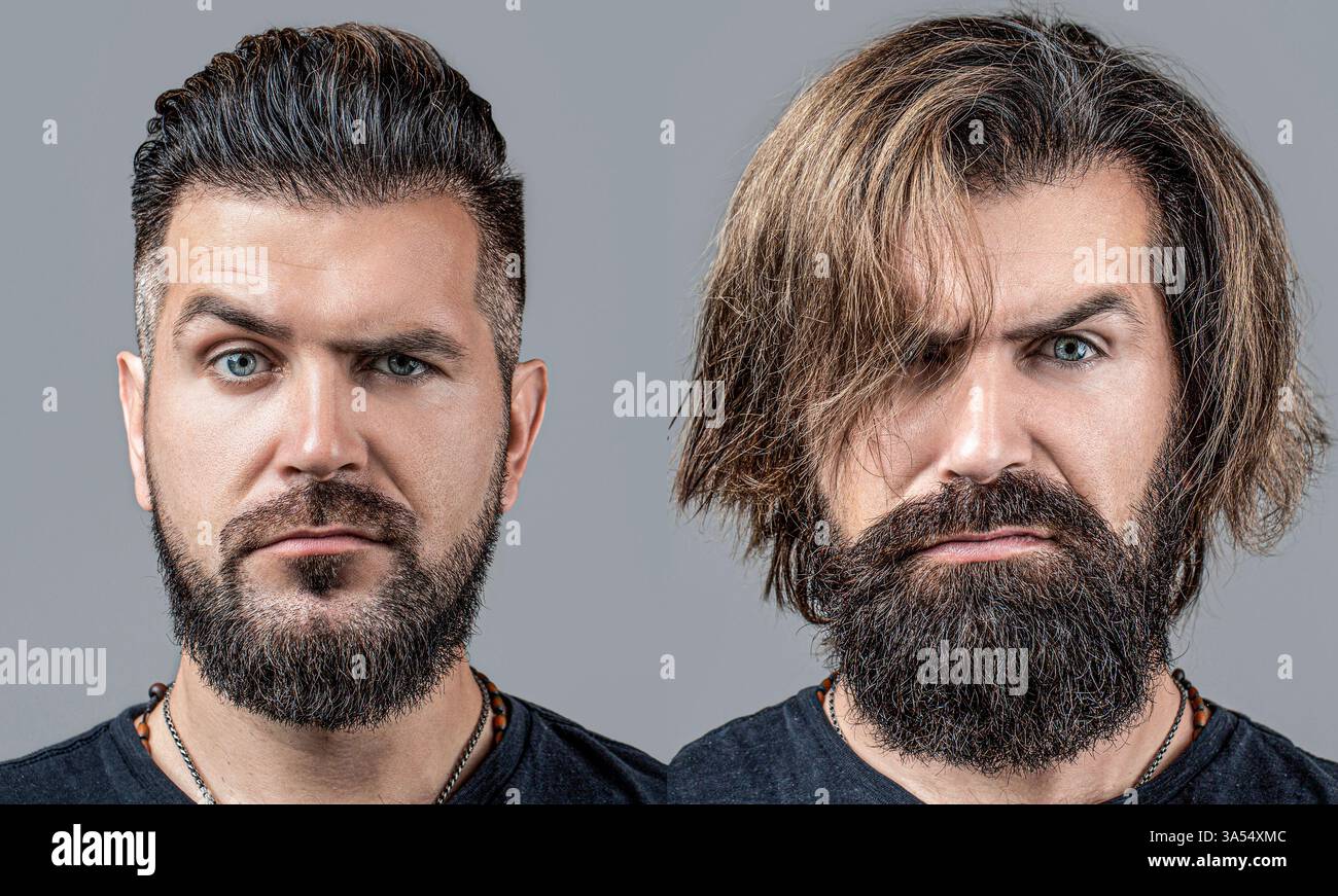 Two portraits of the same man before and after a haircut, shave, barber ...