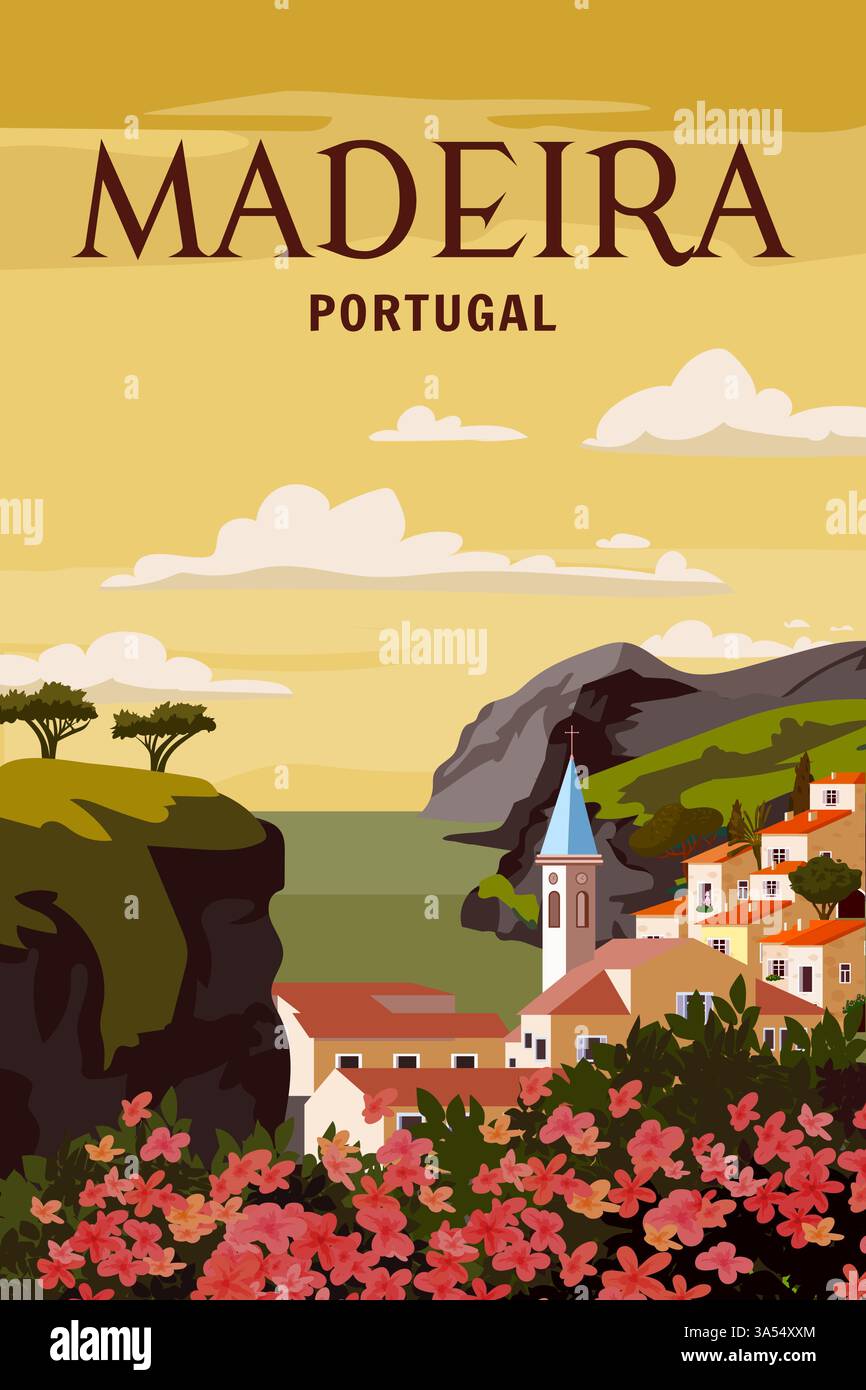 Vintage travel poster Madeira Portugal, tropical resort Stock Vector ...