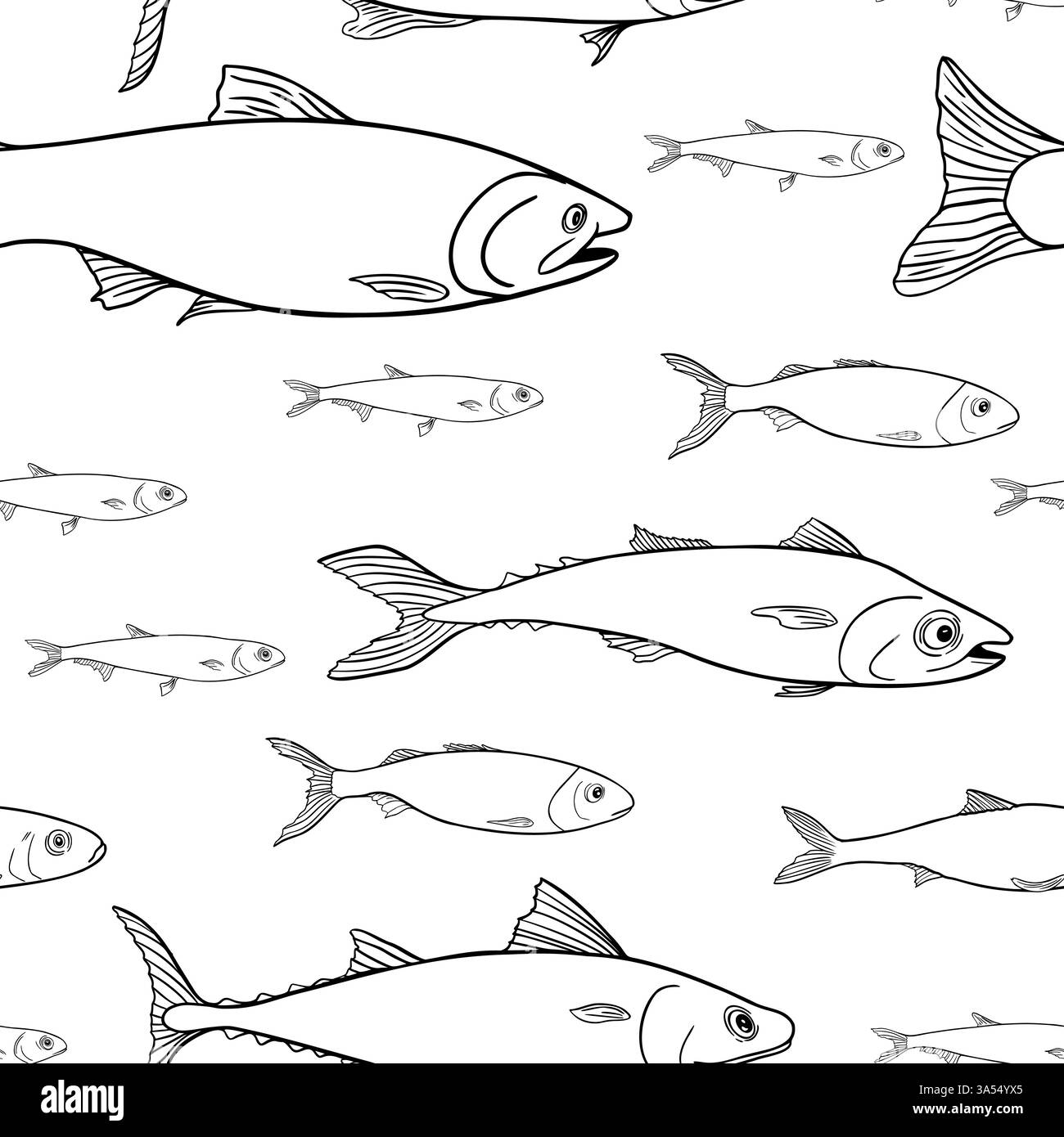 School of sea fish black white vector seamless pattern. Salmon, anchovy ...