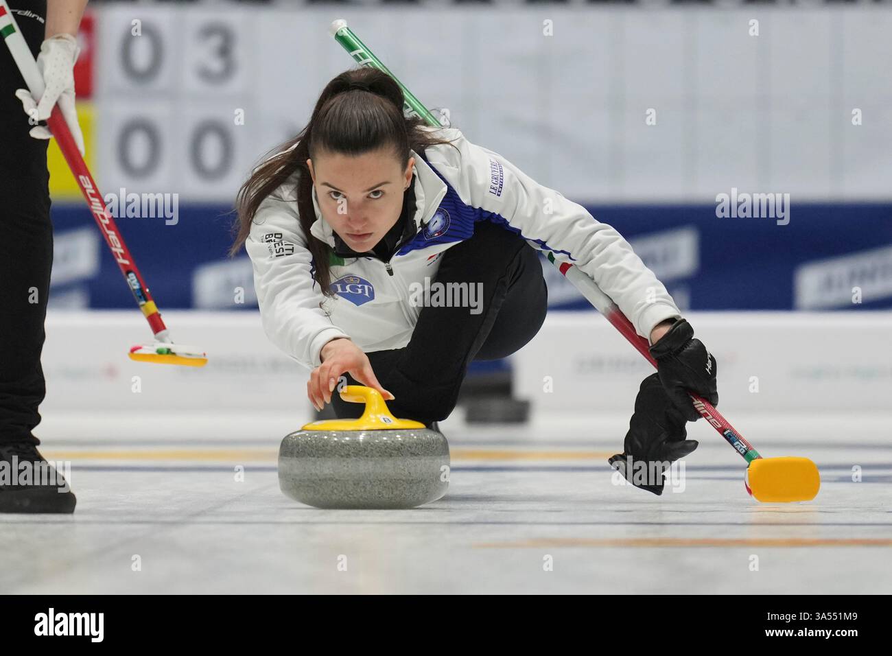Italy's skip Stefania Constantini releases the stone during the match ...