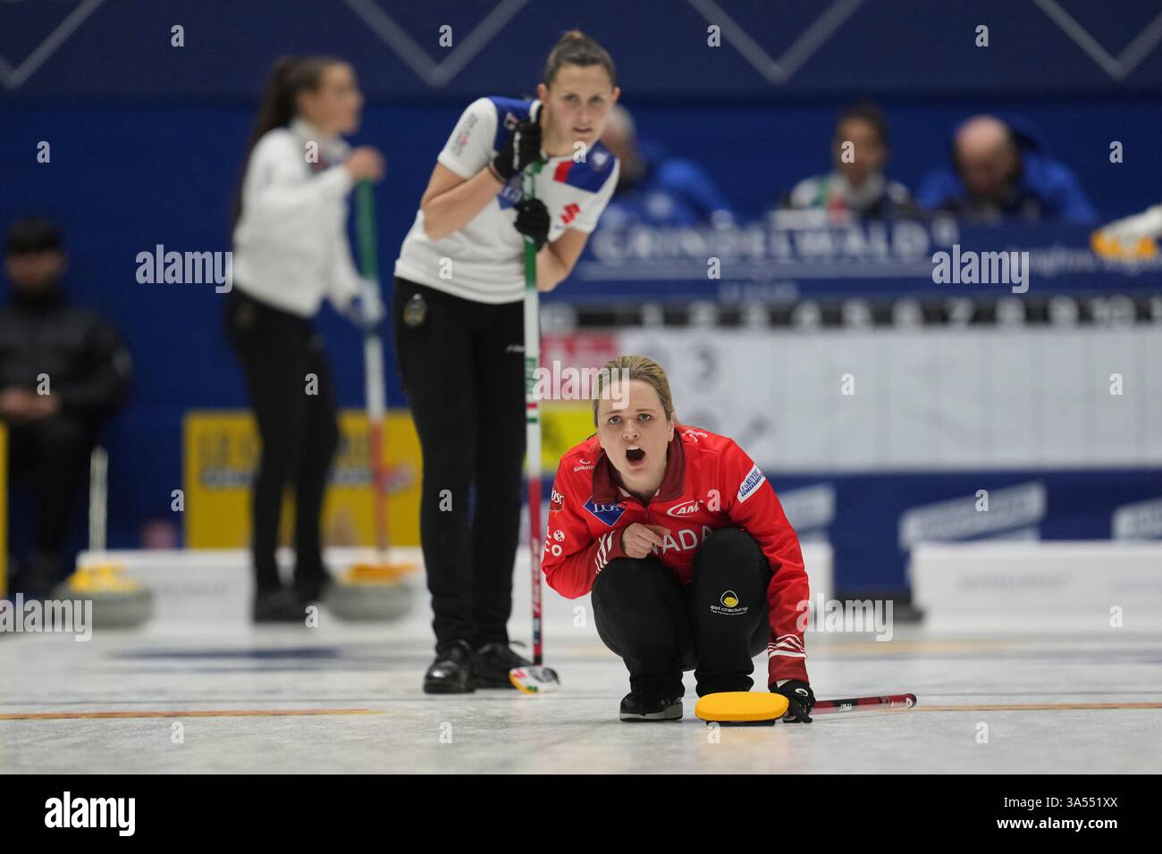 Canada's Tracy Fleury calls the sweep during the match against Italy at ...