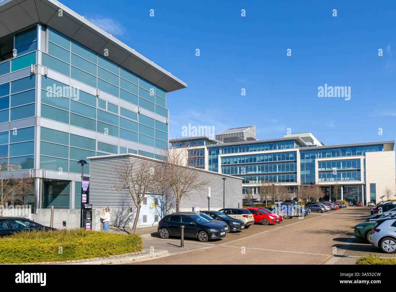 Modern office buildings and car park, Milton Keynes Central ...