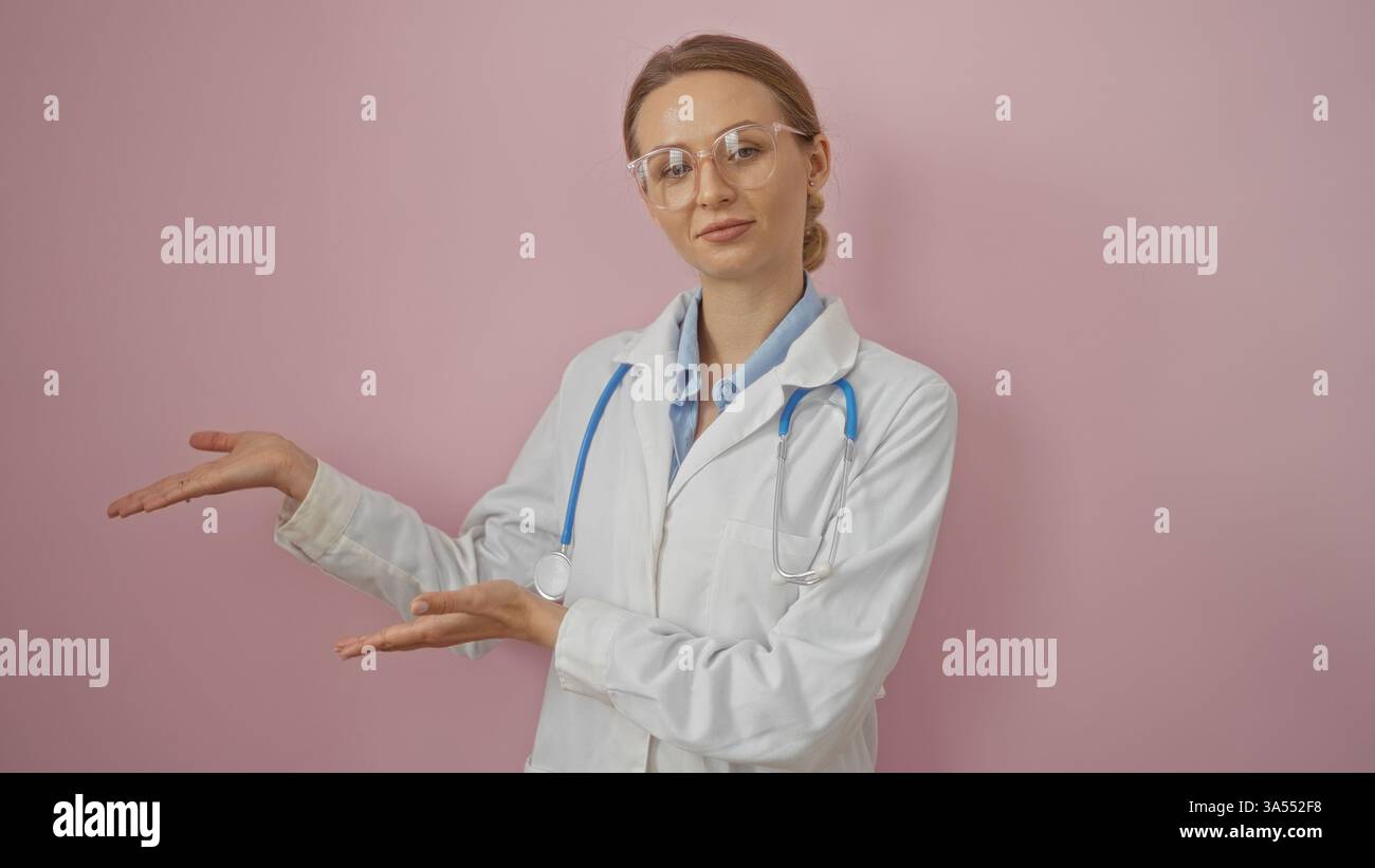 Doctor woman pointing sideways with both hands against a pink wall ...