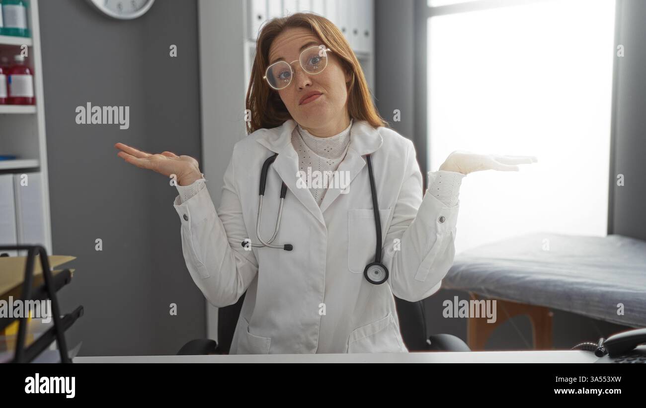 Woman doctor with red hair shrugs in clinic office wearing stethoscope ...