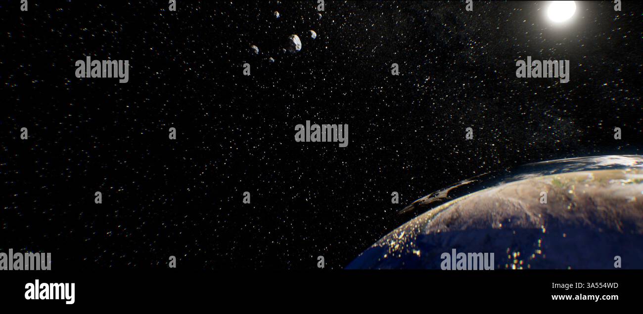 Apocalypse, space disaster, asteroid flying towards Earth, 3d ...