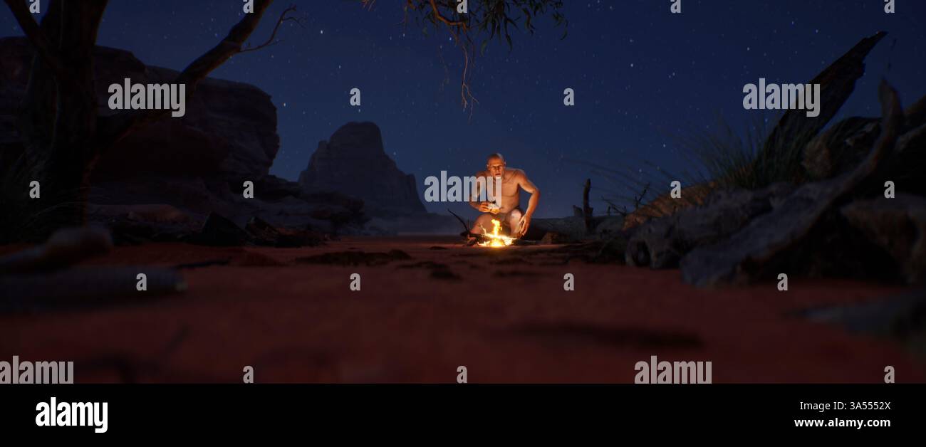 An ancient man, representing early human development, uses flint to ...