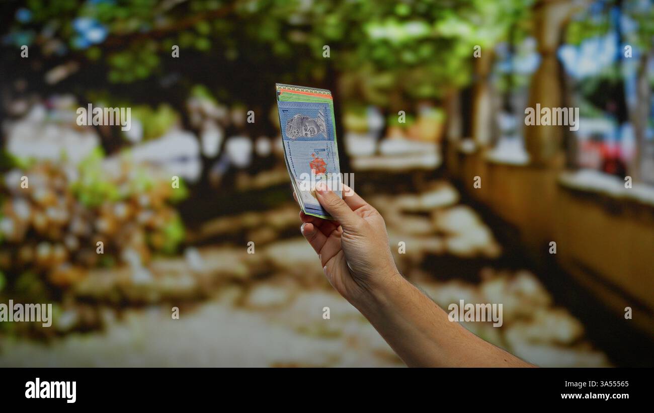Hand holding malaysian ringgits in an urban park setting, showing ...