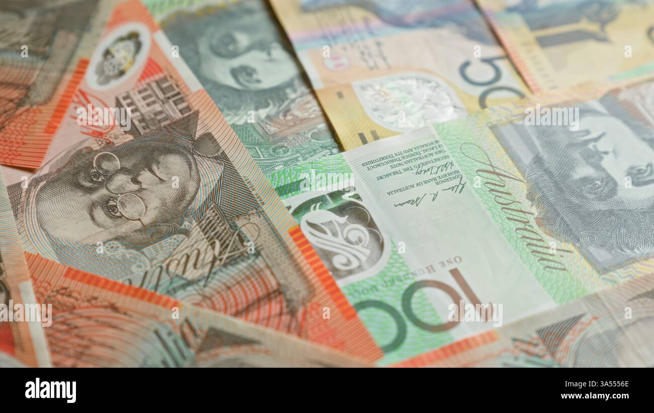 Australian banknotes featuring various denominations of colorful ...